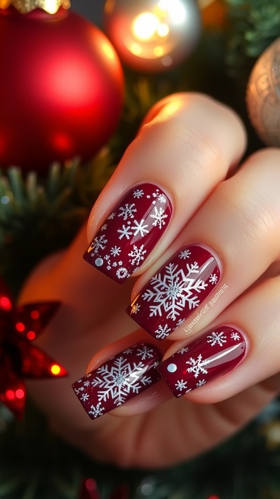 Burgundy Christmas Nail Art Design
