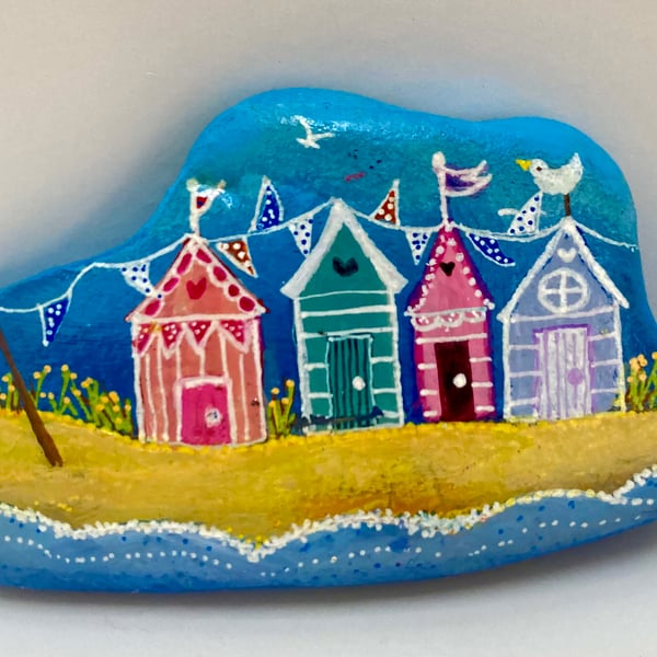 Hand Painted Beach Huts On Large Natural Rock - Folksy