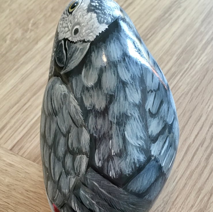 Grey Amazon parrot painted pebble garden rock a... - Folksy