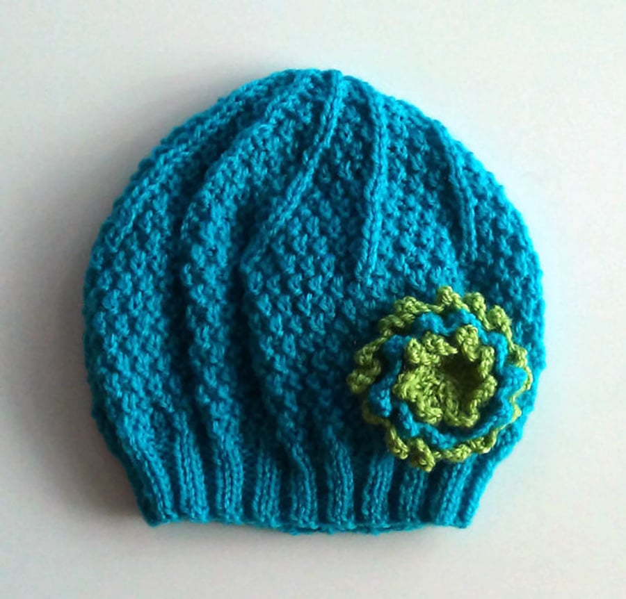 Girls Beanie Flower Hat in Turquoise and Green ... - Folksy