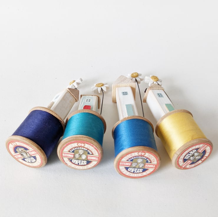 Wooden House on a Vintage Bobbin with Clay Daisy - Folksy