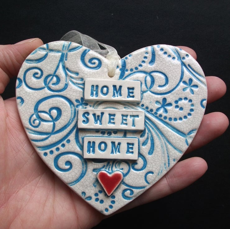 Blue ceramic heart decoration Home Sweet Home - Folksy