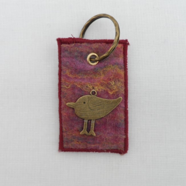 Felted key ring - pink with bird - Folksy