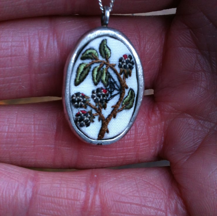 Hand embroidered bramble with web pendant in fi... - Folksy