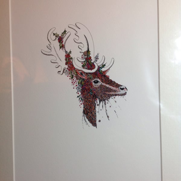 Christmas Stag a4 mounted ready to frame print - Folksy