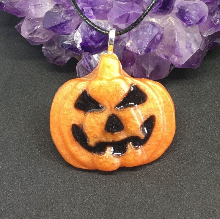 Pumpkin pendant on black cord chain. - Folksy