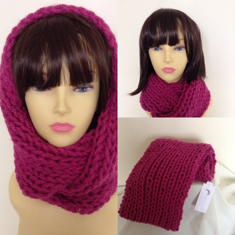 Hand Knitted Infinity Scarf in Deep Pink - Folksy