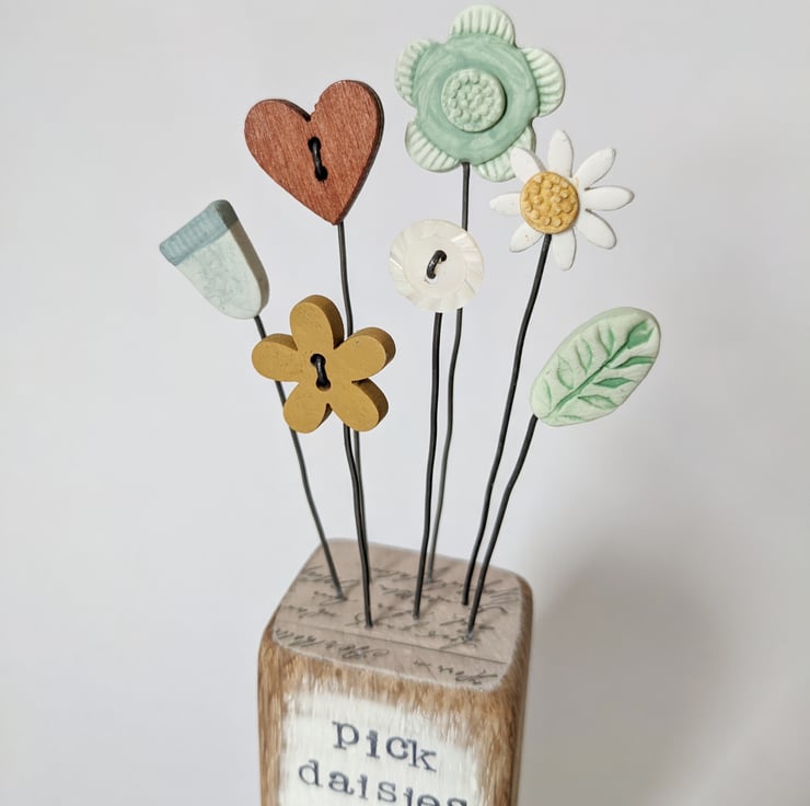 Clay Flower and Button Garden in a Wood Block '... - Folksy