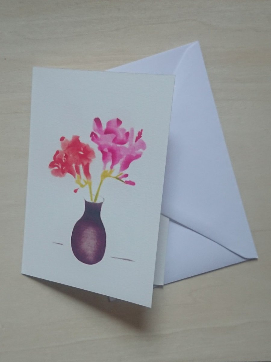 Freesias dark pink and red botanical art blank ... - Folksy