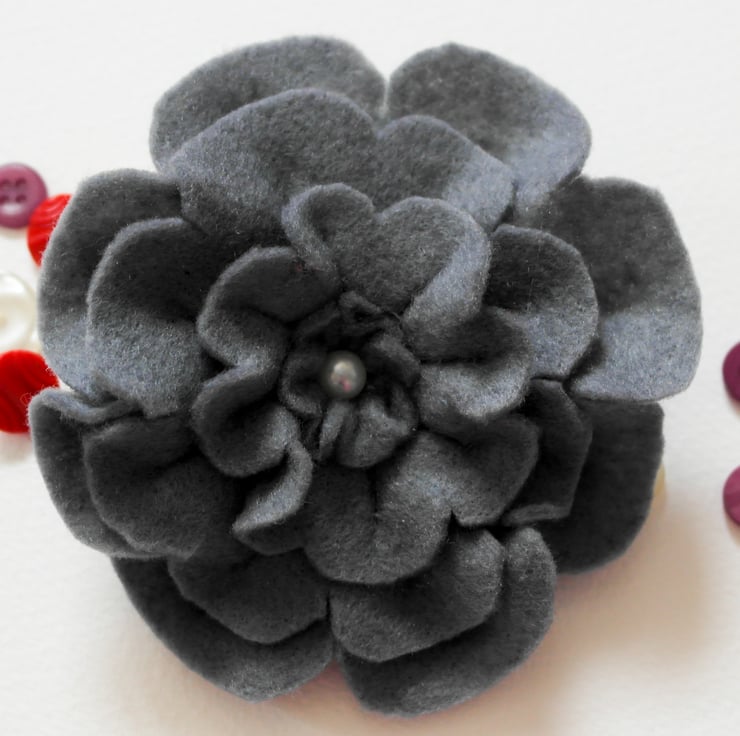 Felt Brooch - Handmade Grey Flower felt brooch - Folksy