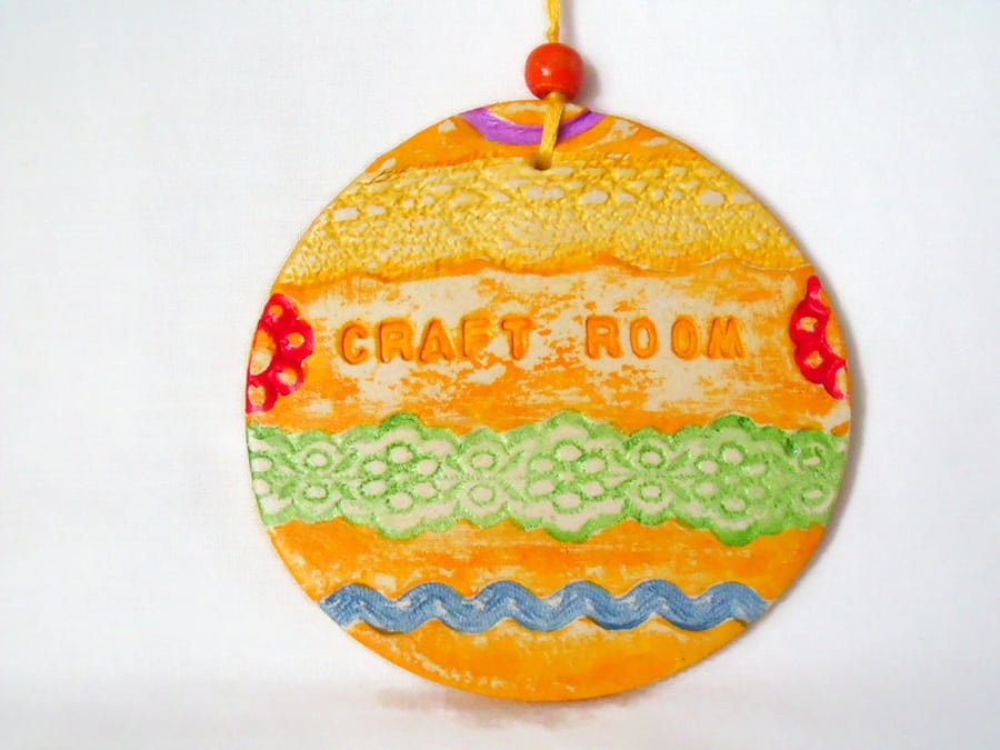 clay craft room sign in orange for hanging from... - Folksy