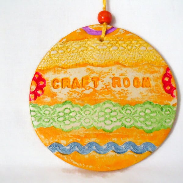 clay craft room sign in orange for hanging from... - Folksy