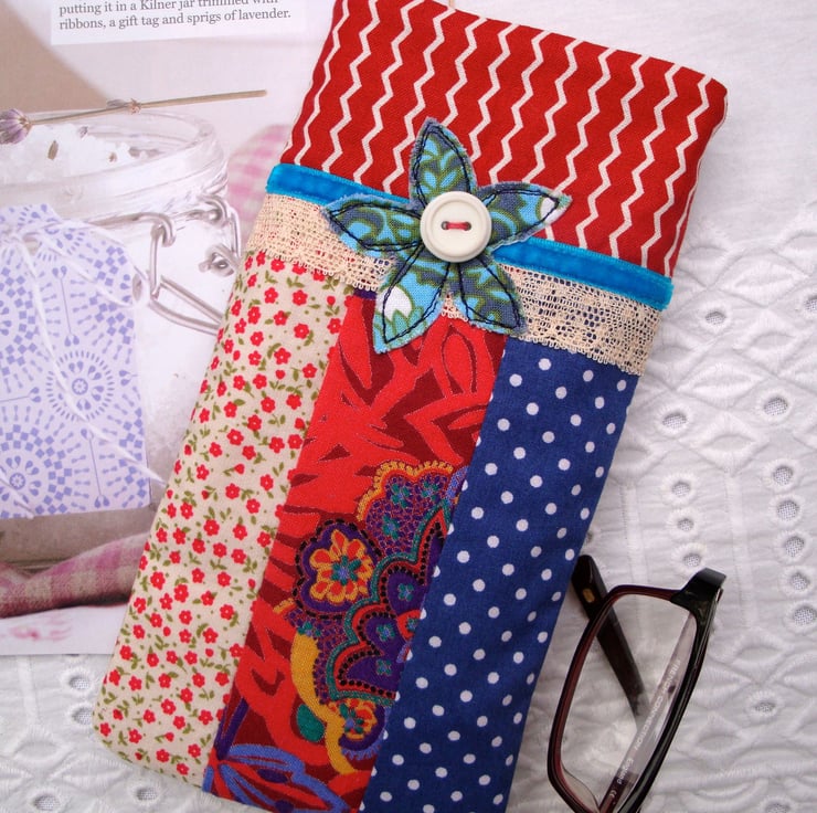 Cotton Patchwork Glasses case - appliquéd blue... - Folksy