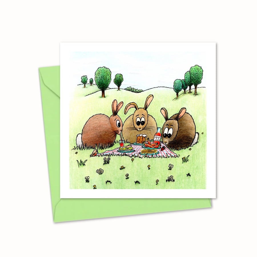Rabbit Picnic Greeting Card: Funny Bunny Illust... - Folksy