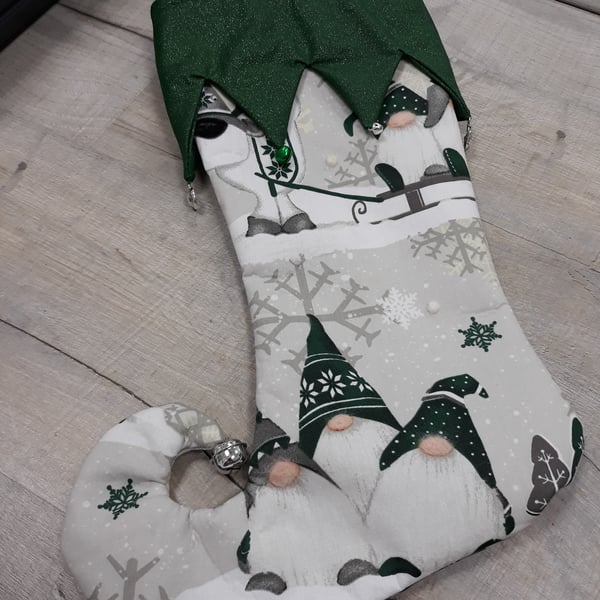 Christmas Elf stocking with green gnomes, bells... - Folksy