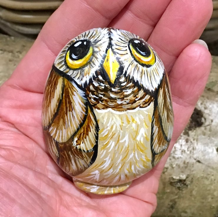 Owl hand painted pebble garden rock art wildlife - Folksy