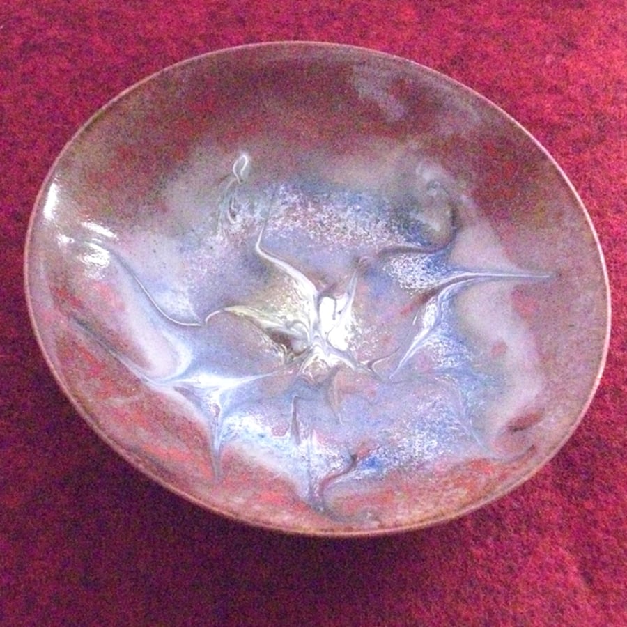 Large dish - enamel - brick-red scrolled white,... - Folksy