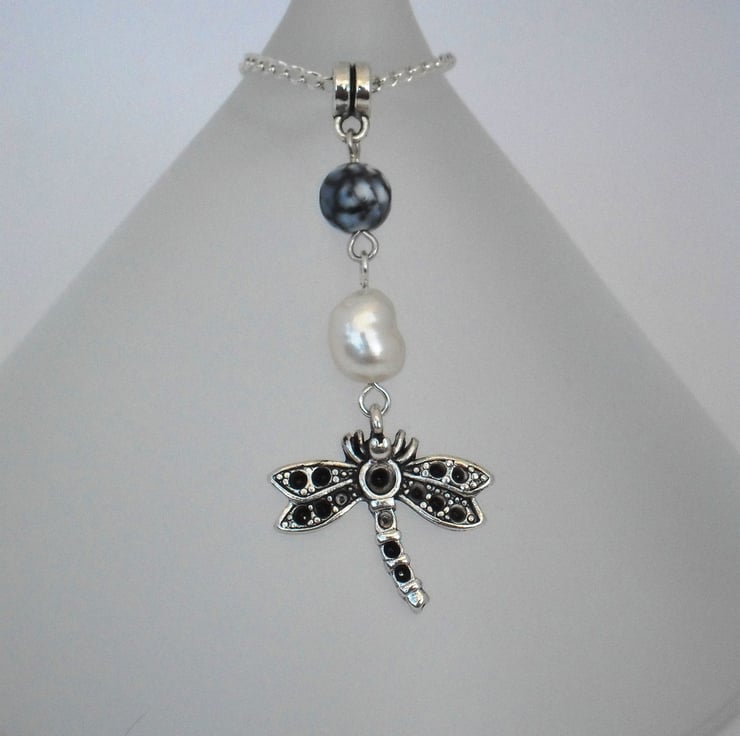 White pearl, agate & dragonfly charm necklace - Folksy