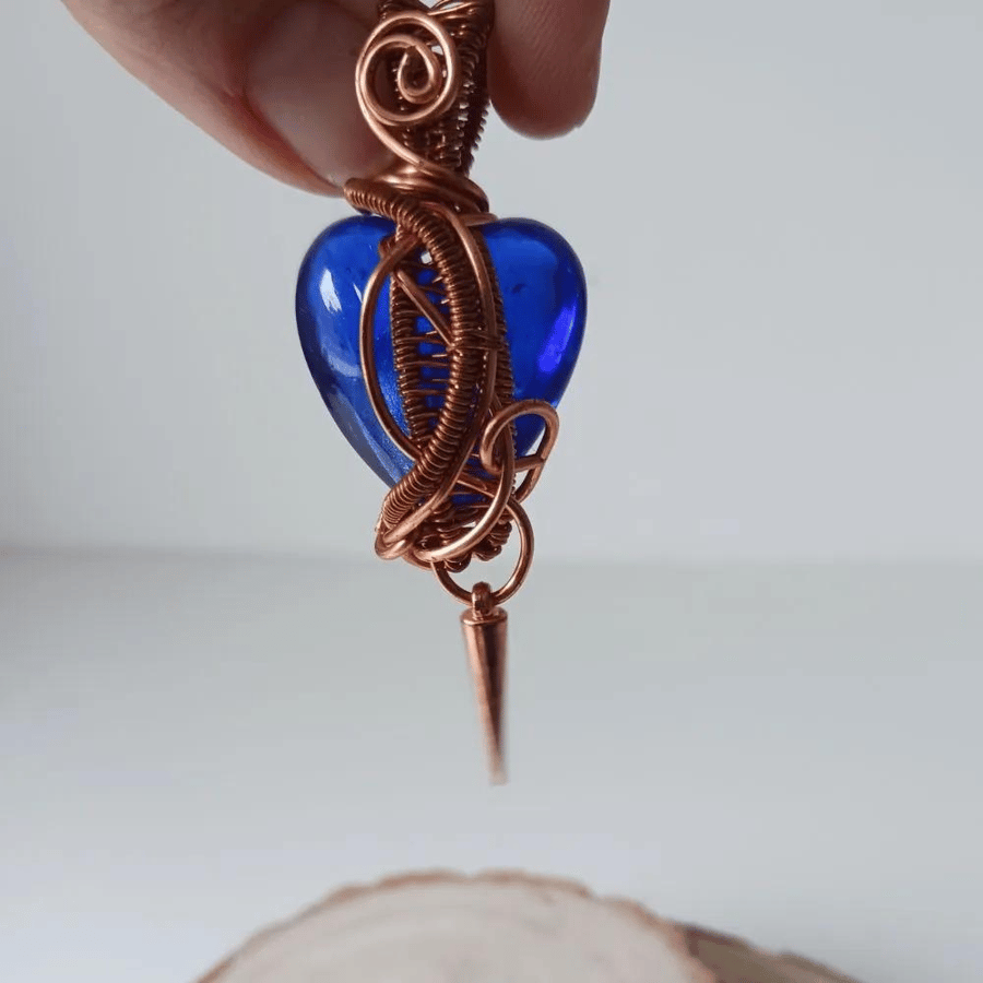 Copper Wire Wrapped Blue Glass Heart Pendant - Folksy