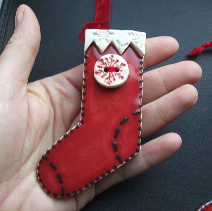 Red ceramic Christmas stocking decoration - Folksy