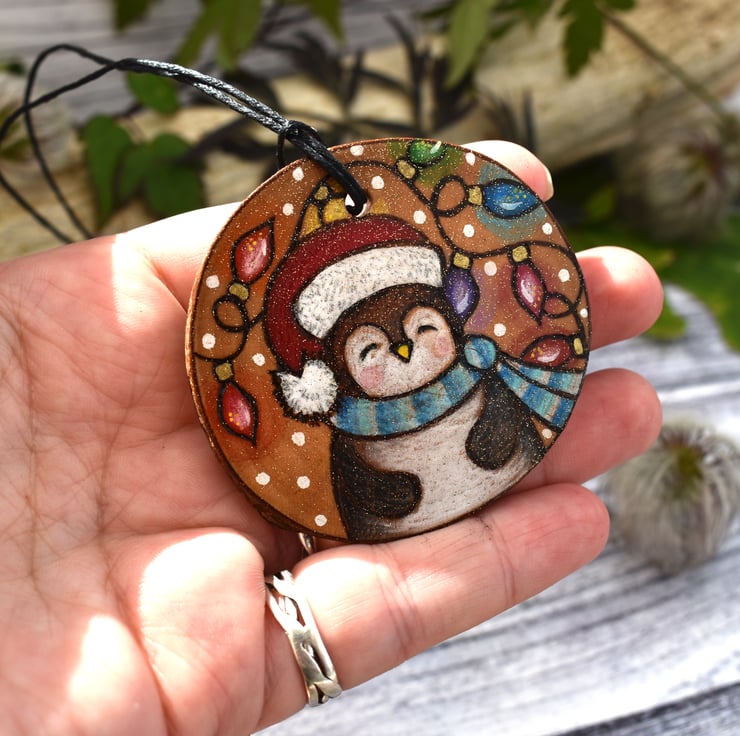 Festive Penguin hanging disc. Pyrography cute p... - Folksy