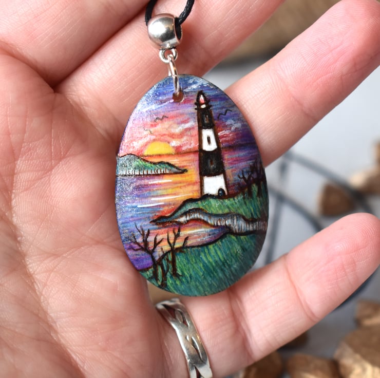 Pyrography lighthouse sunset wooden pendant. - Folksy
