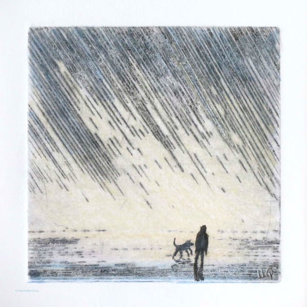 Walking the dog original drypoint with coloured... - Folksy
