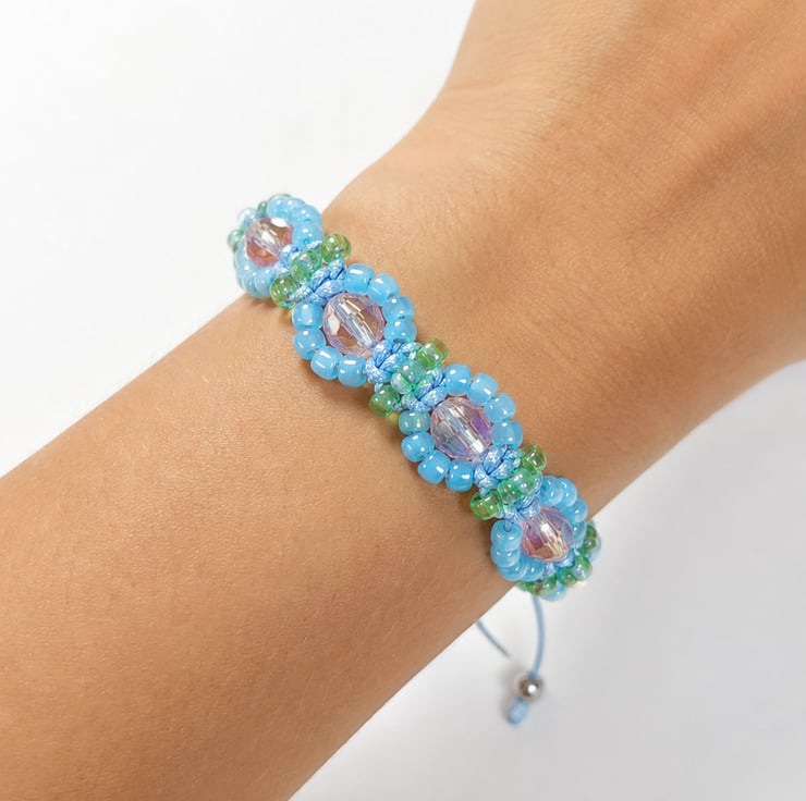 Blue, pink and green glass beaded bracelet one ... - Folksy