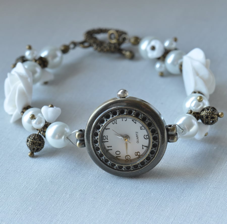 Powder Puff Flower & Bead Watch - Folksy
