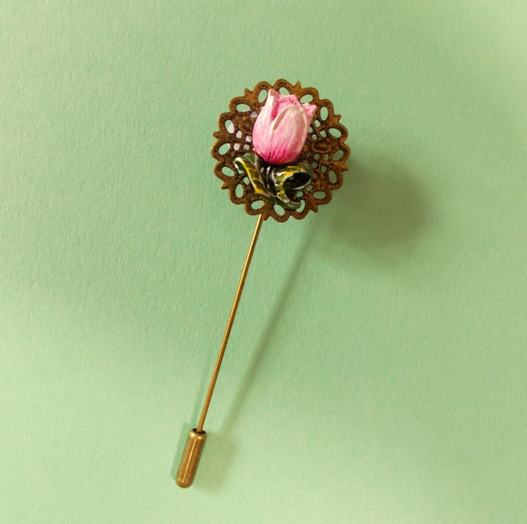 Pastel PINK TULIP PIN Bronze Tone Filigree 3D W... - Folksy