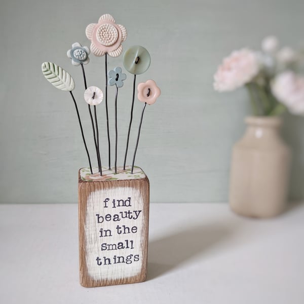Clay Flower and Button Garden in a Wood Block '... - Folksy