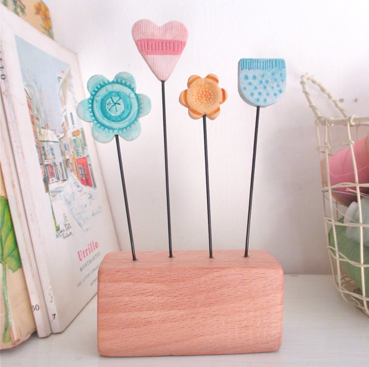 Flower Garden - Clay Flowers in a Wooden Block - Folksy