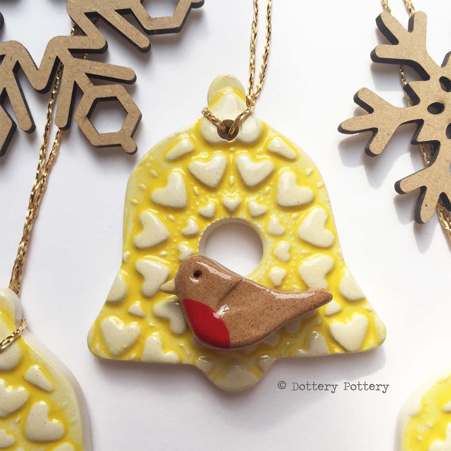 Ceramic Robin sitting on a bell Pottery robin C... - Folksy