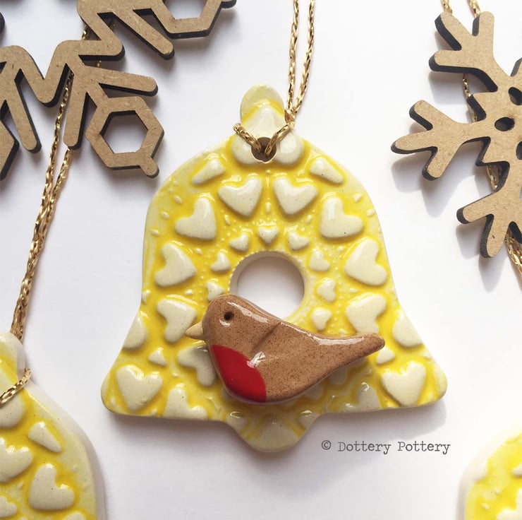 Ceramic Robin sitting on a bell Pottery robin C... - Folksy