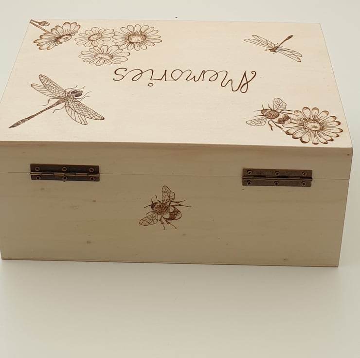 Wood burned memory keepsake box with dragonflie... - Folksy