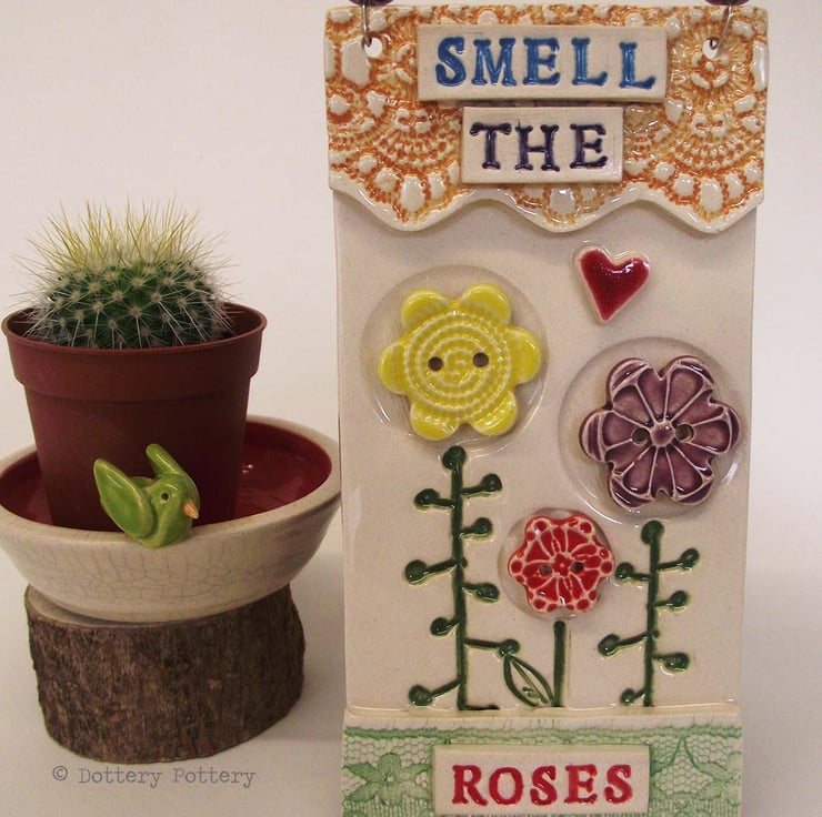 Ceramic wall plaque Smell The Roses. Pottery ti... - Folksy