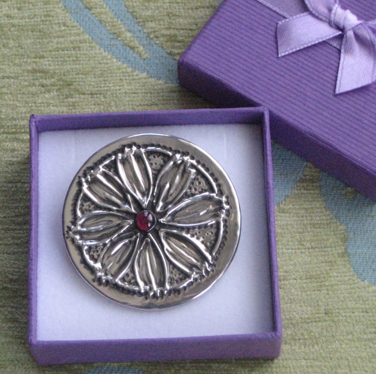 Cosmos Flower Garnet Brooch in Silver Pewter - Folksy