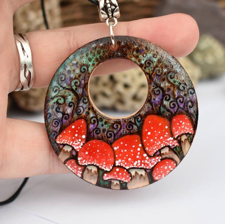 Pyrography toadstool pendant. Large circle shro... - Folksy