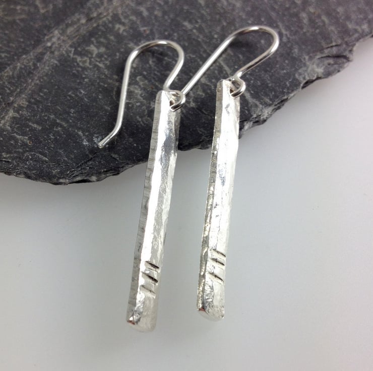 Notched Pins ,long silver earrings - Folksy