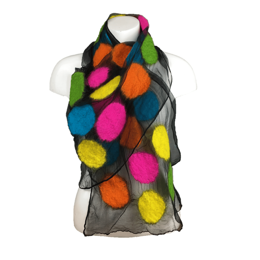 Nuno felted scarf, black silk chiffon with neon... - Folksy