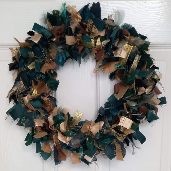 Green and Gold Christmas Rag Wreath - Folksy