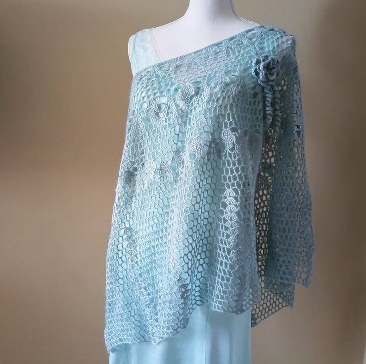 Light blue crochet wedding poncho with flower b... - Folksy