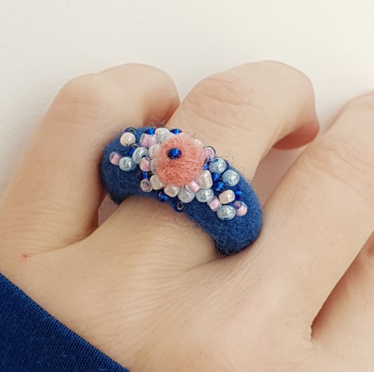 Handmade blue felted ring Unique textile jewell... - Folksy