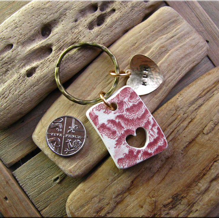Tumbled pottery shard drilled heart, keyring - Folksy