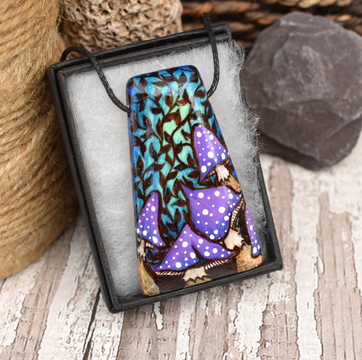 Purple toadstool pyrography pendant. Shroom nec... - Folksy
