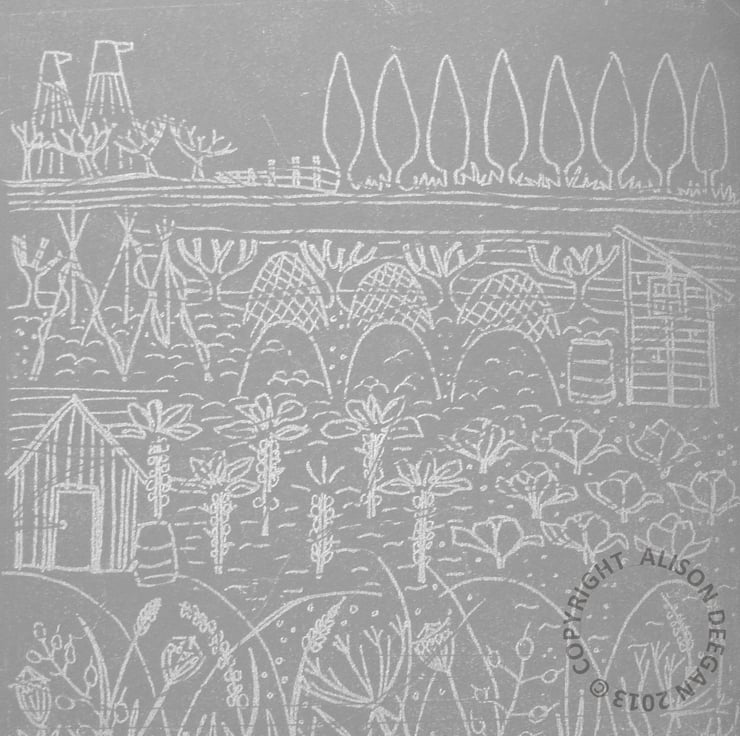 ORIGINAL lino print - 'Down the allotments III' - Folksy