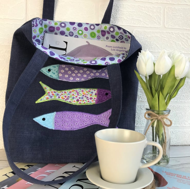 Fish tote bag in dark blue with four colourful ... - Folksy