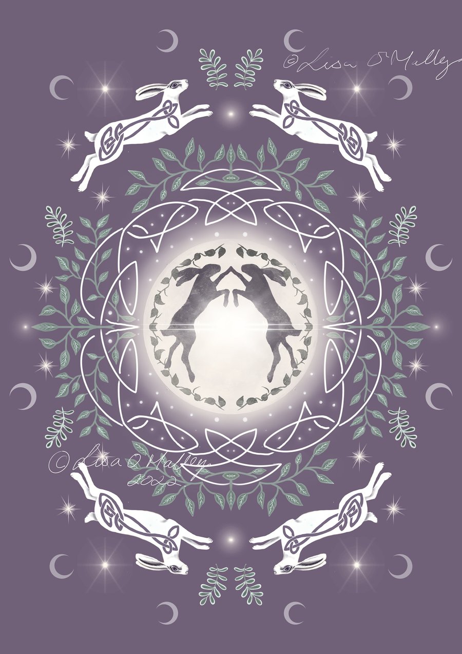 Hare Print Folk Art " Moon Dancing" - Folksy