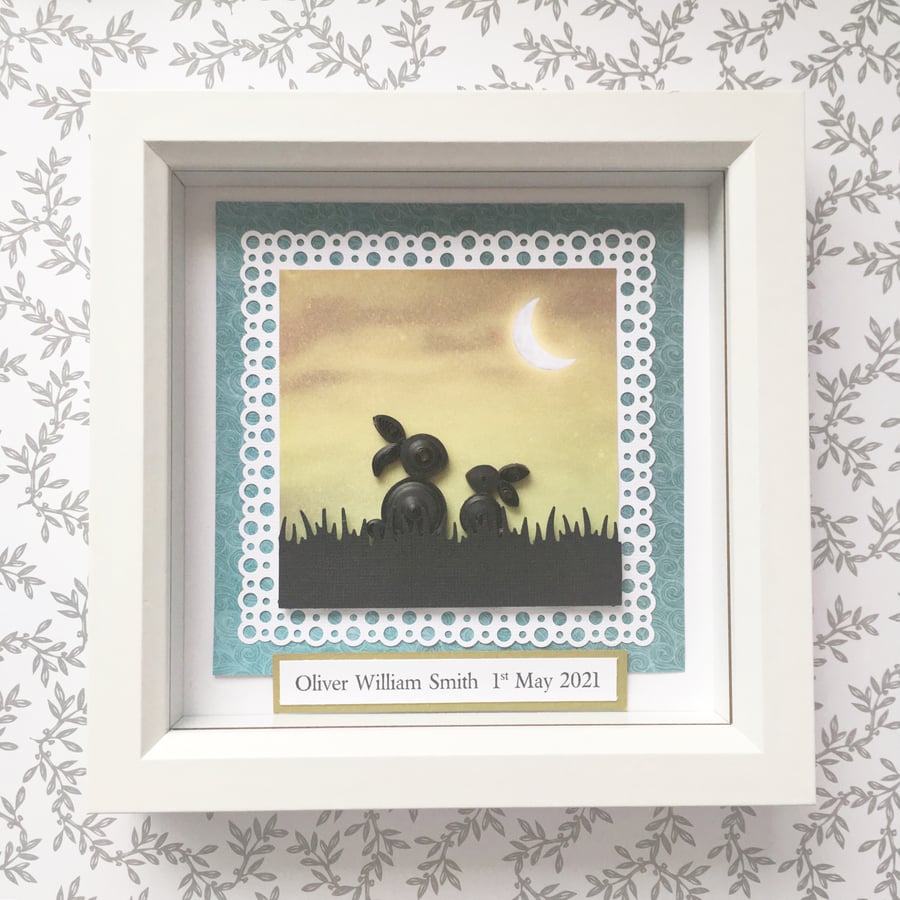 Baby box frame - quilled rabbits wall art - per... - Folksy