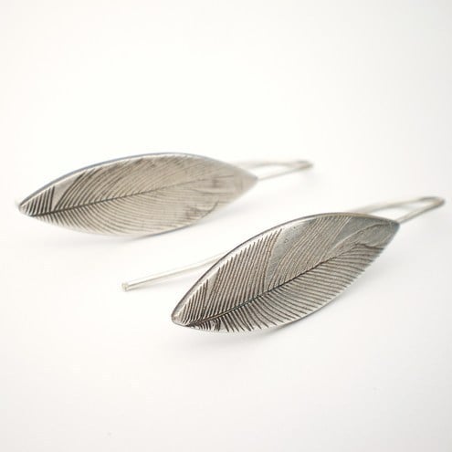Feather Imprint Long Silver Earrings - Folksy